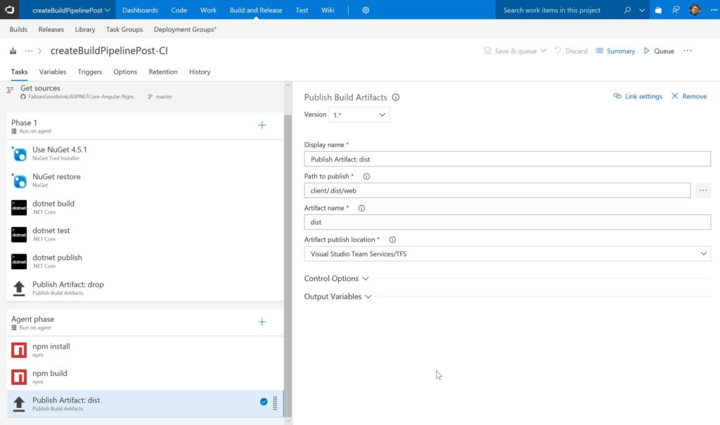 Create a build pipeline for Angular and ASP.NET Core apps with Visual Studio Team Services ...